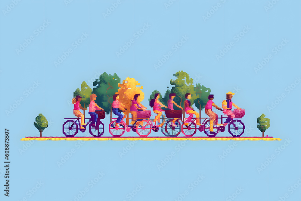 A group of people riding a bicycle for World Bicycle Day. 8 Bit ...