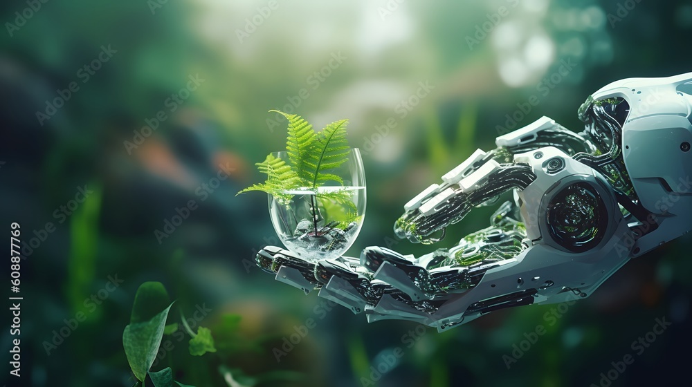 Globe and tree in robot hand with Environment icon. Green technology ...