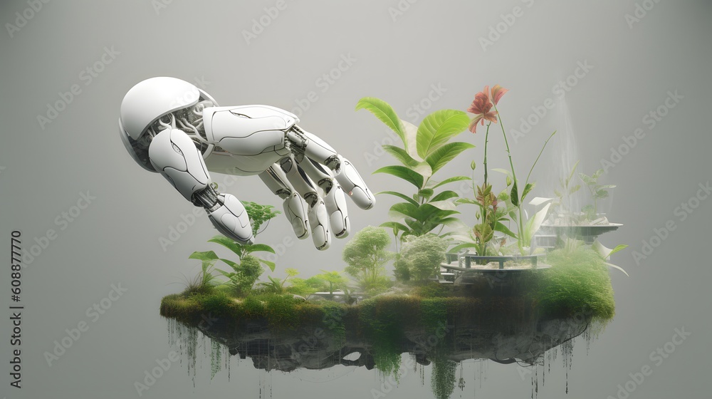 Globe and tree in robot hand with Environment icon. Green technology ...