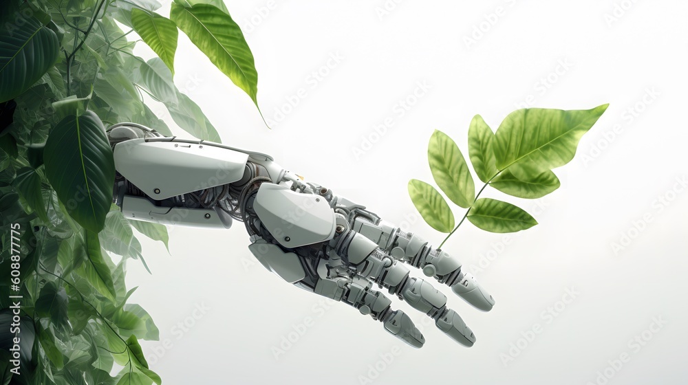 Globe and tree in robot hand with Environment icon. Green technology ...