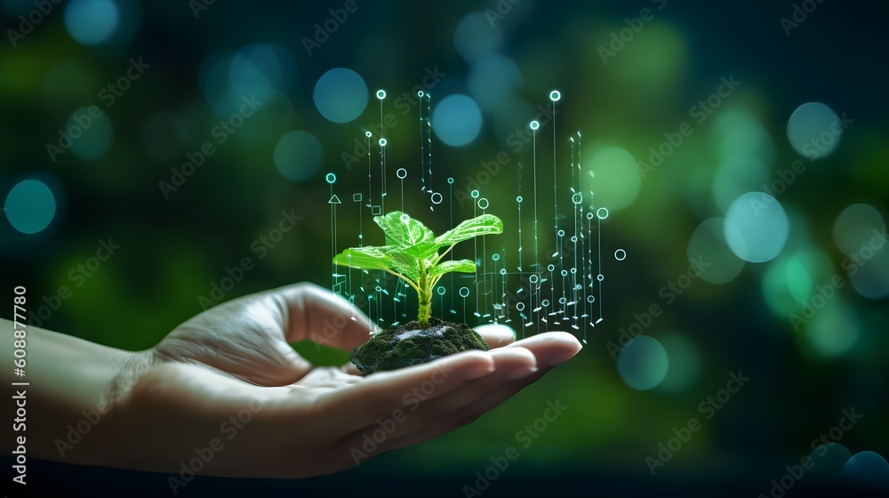 Globe and tree in robot hand with Environment icon. Green technology ...