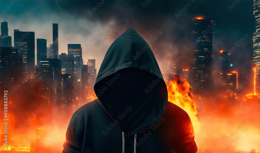 Hacker in black hoodie and mask that hides his face on burning city ...