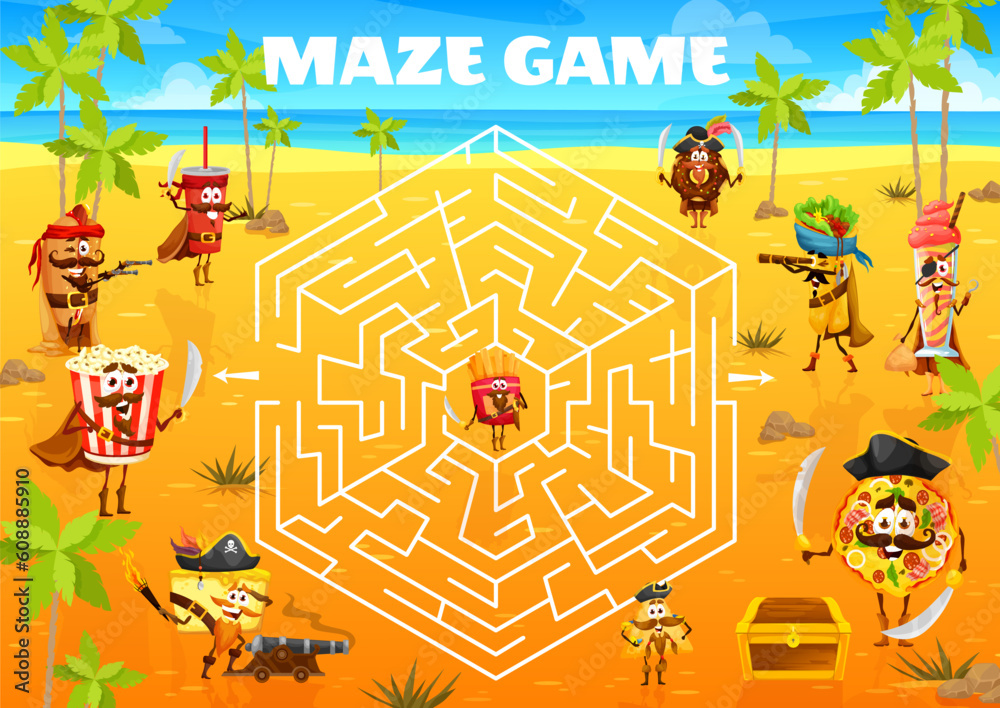 Labyrinth maze. Cartoon pirates fastfood characters on treasure island ...