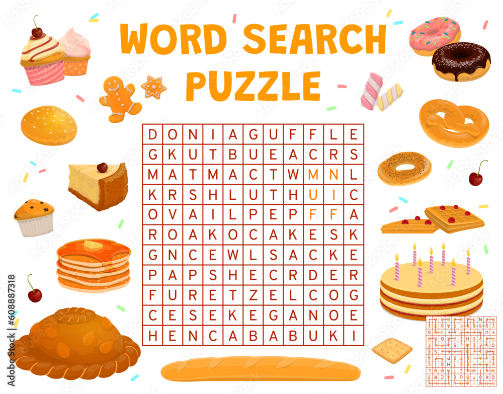 Bread, bakery and confectionery, word search puzzle game vector ...