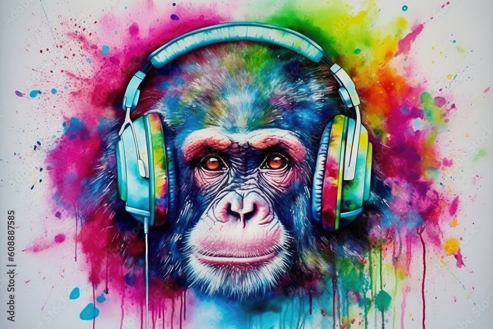 monkey wearing headphones with vibrant paint splatters Generative AI ...
