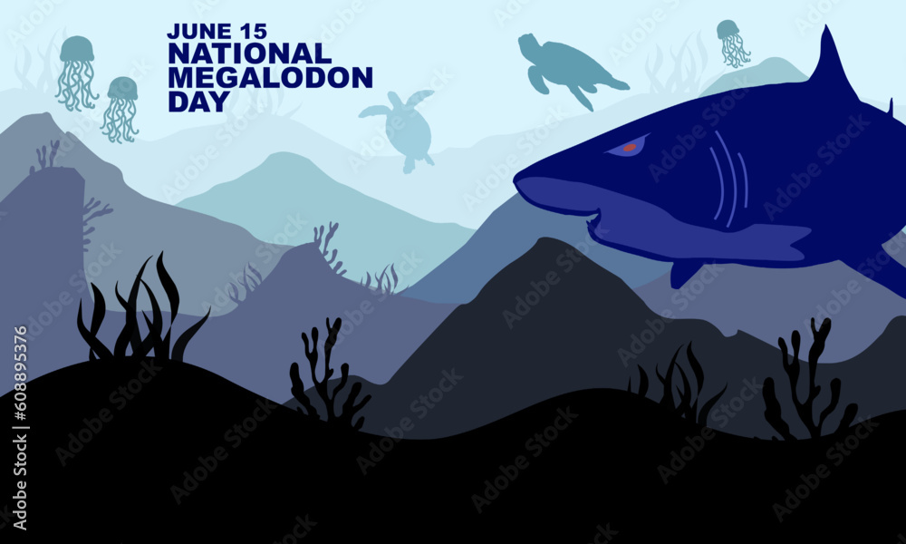 underwater scenery with sea corals and marine plants with megalodon ...