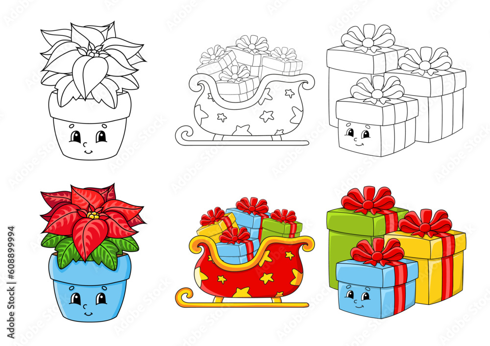 Set coloring page for kids. Cute cartoon characters. Black stroke. With ...