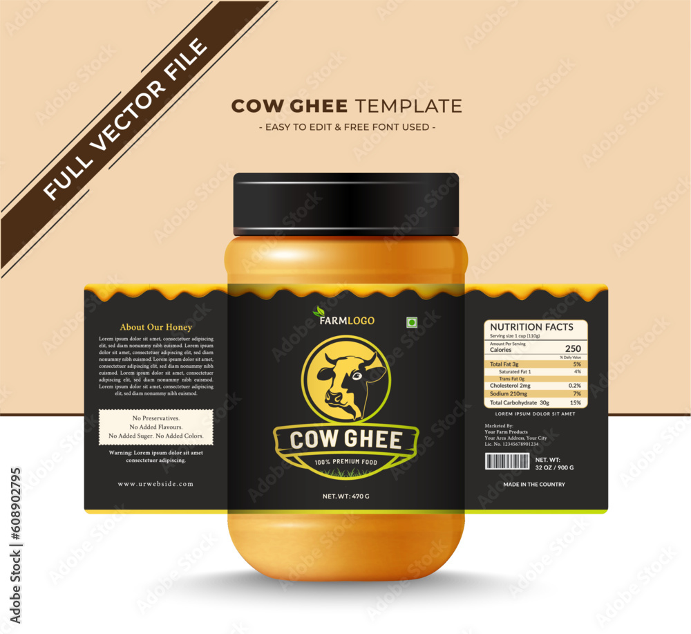 Cow ghee label sticker and design, cow head premium quality butter and ...
