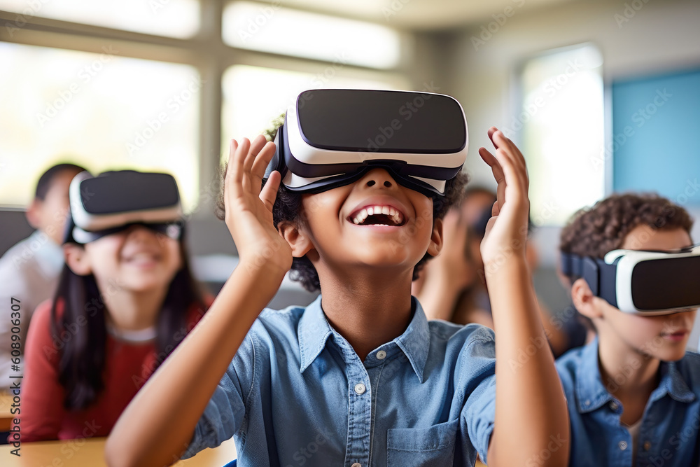 Kid wearing a VR googles at school as a new mean of studying. Concept ...