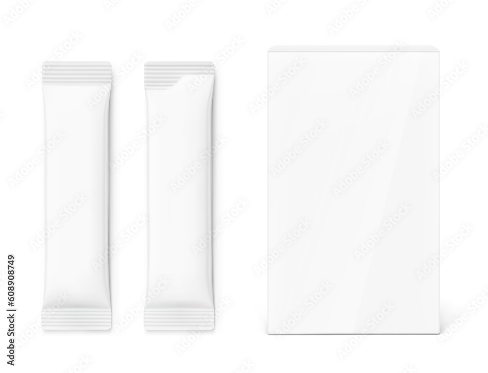 Realistic blank cardboard box with stick bags mockup. Front view ...