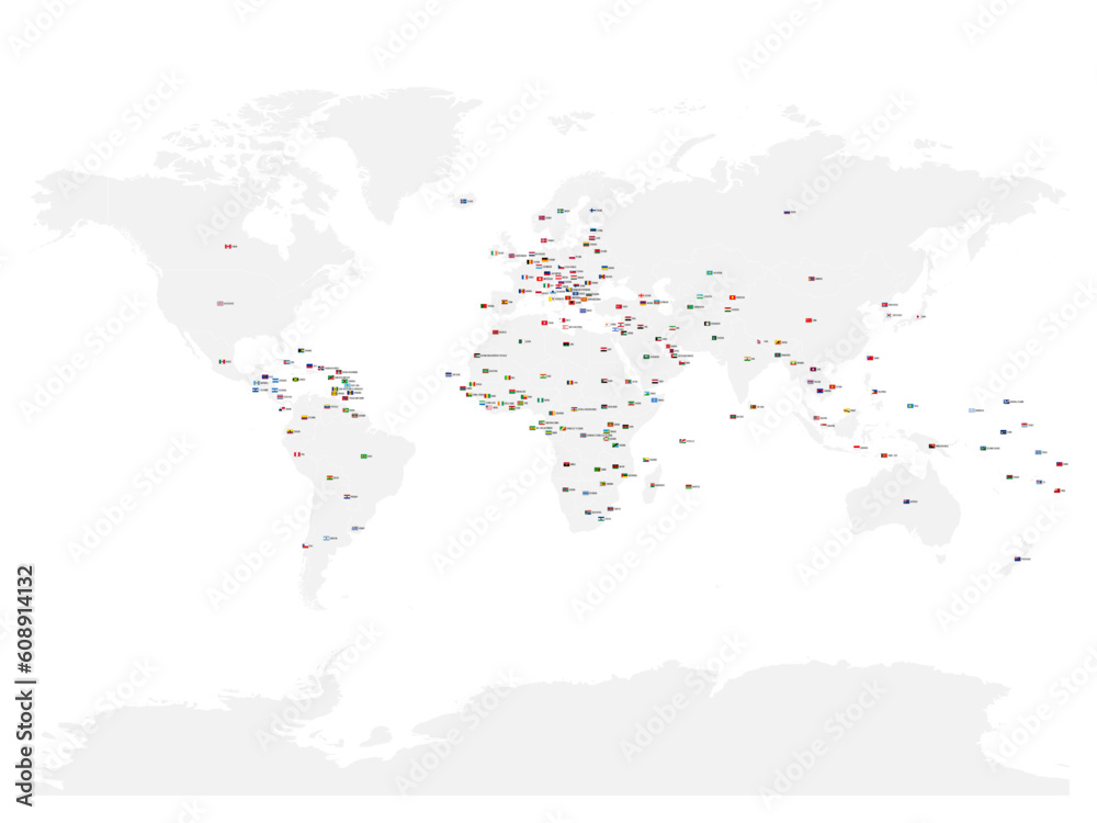 Map of World with flags. Each sovereign country with own name label and ...