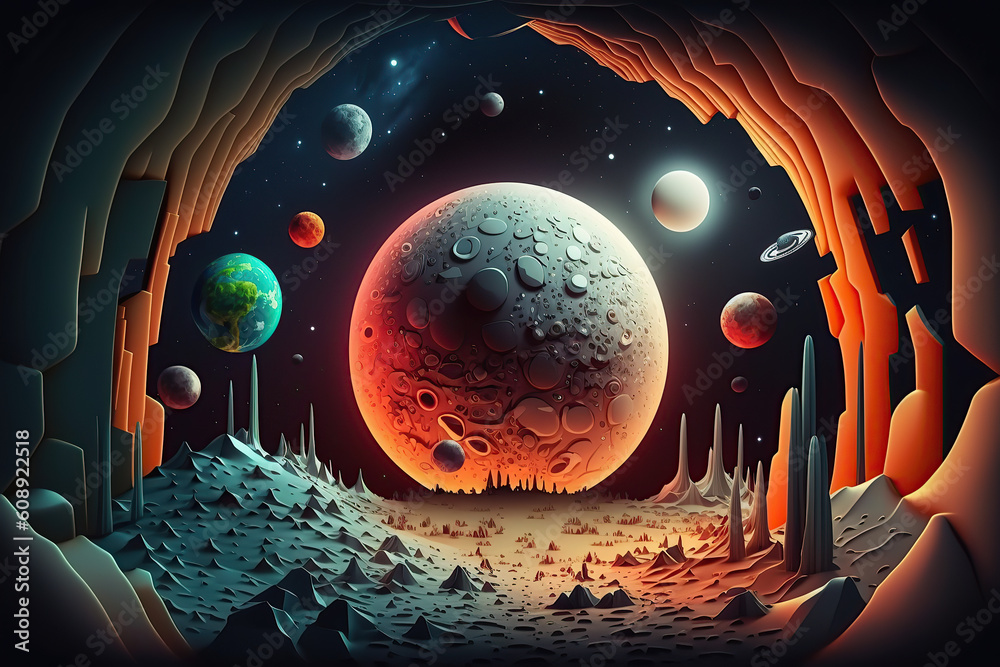 Space and planet background, Planets surface with craters, stars and ...