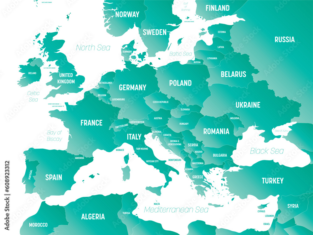 Europe - high detailed political map of european continent with country ...