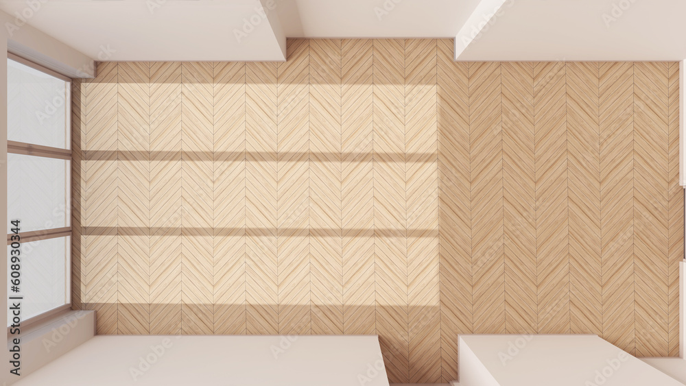 Wooden empty room interior design, open space with herringbone parquet ...
