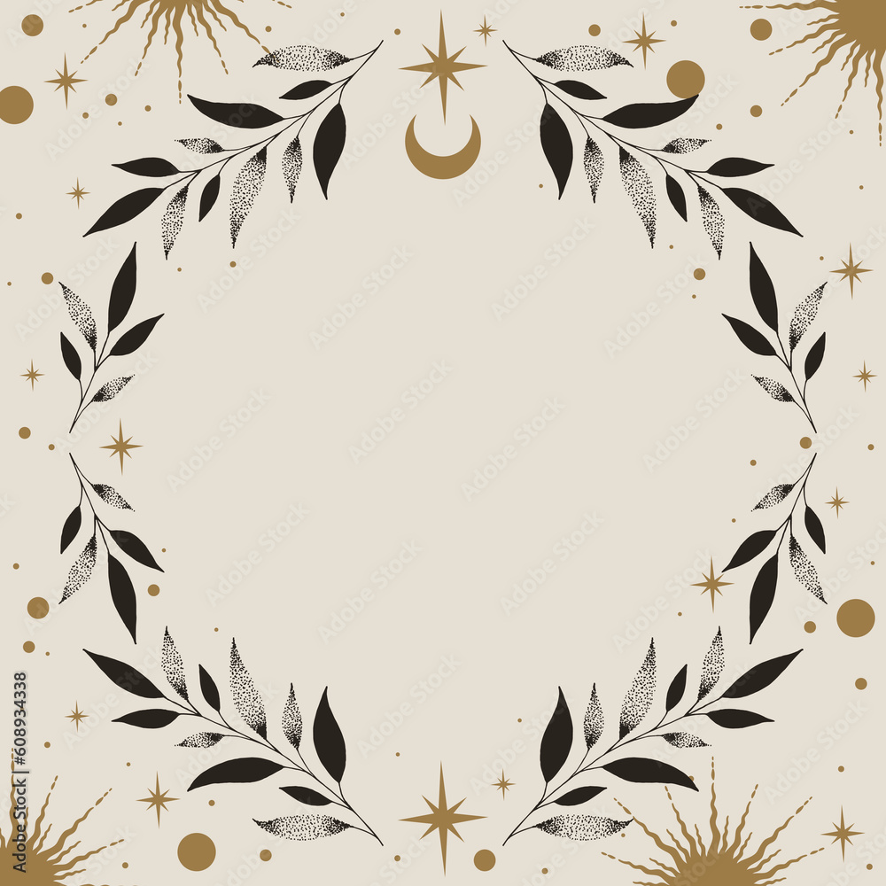 Vector mystic celestial frame with stars, crescents, leaves and a copy space. Banner with an ...
