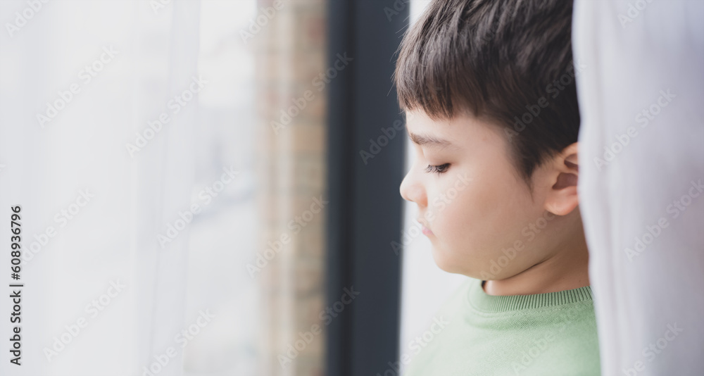 Portrait Kid Boy, Side view School Kid with sad face, Young boy looks ...