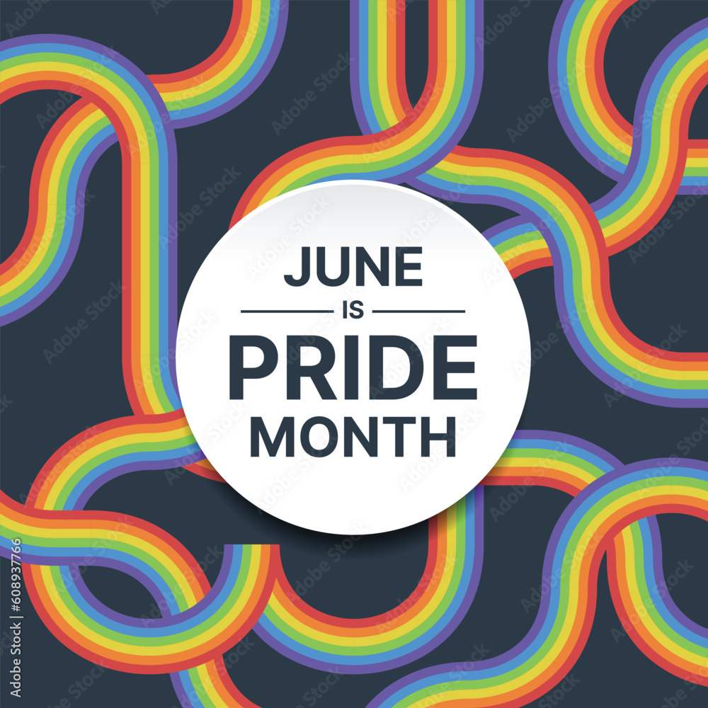 June is pride month text white circle banner on abstract line curve and ...