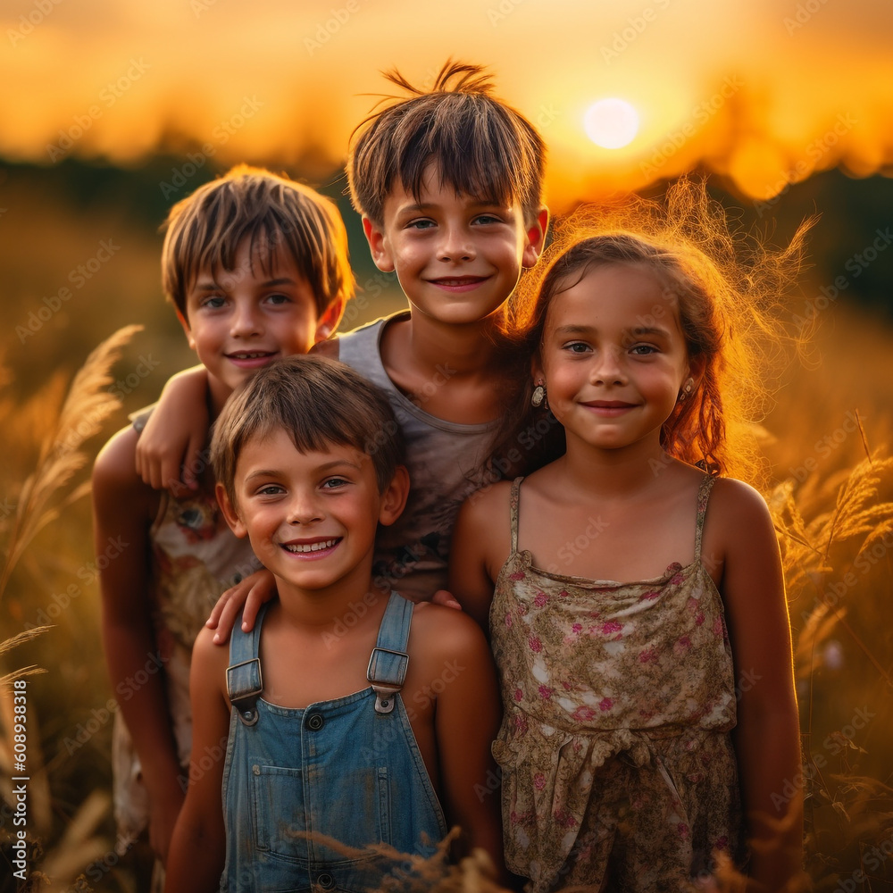 Group of happy children in wheat field at sunset. Children in a wheat ...