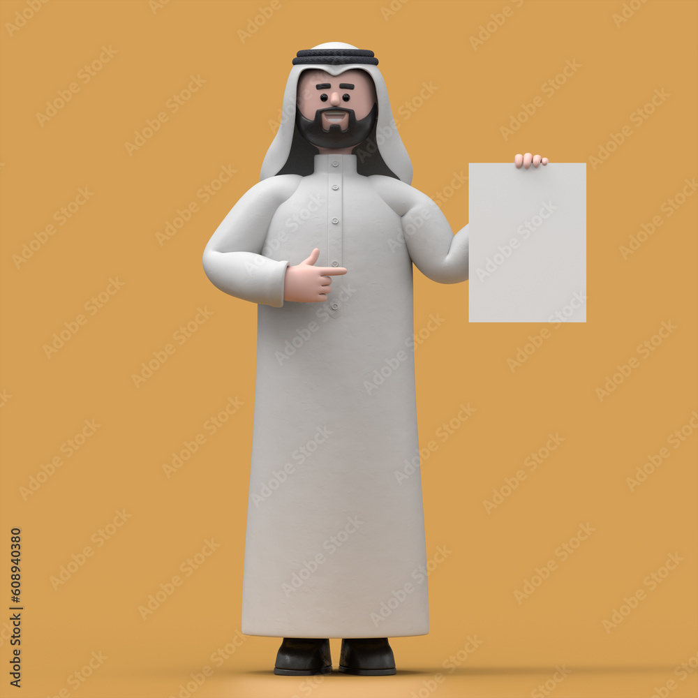 3D illustration of a smiling Arab man Hadi holding white blank board ...