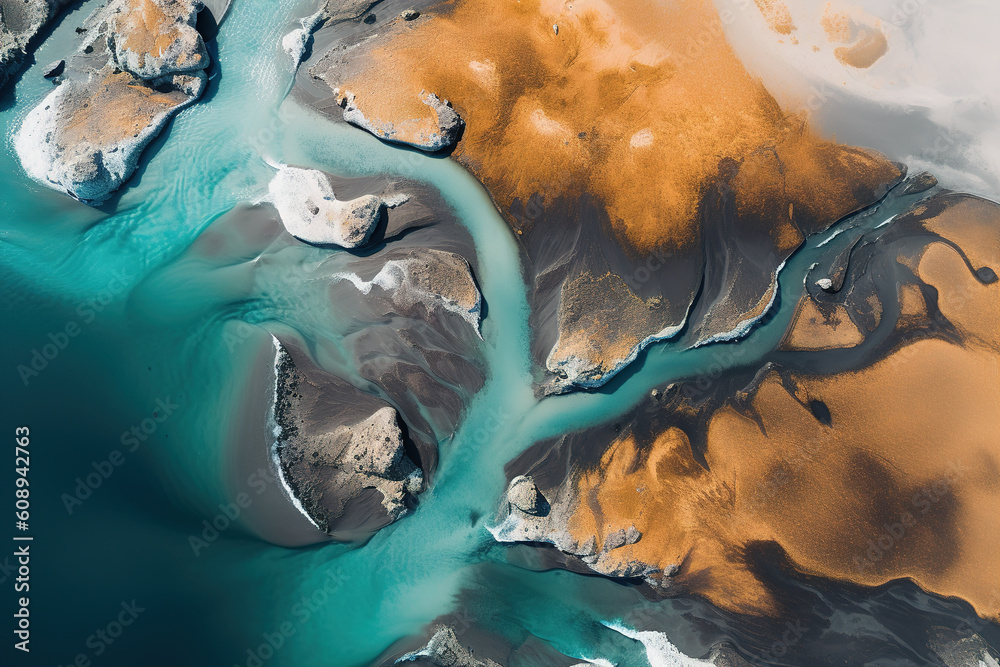 Aerial Photograph of a Glacial River Delta in Iceland with many ...