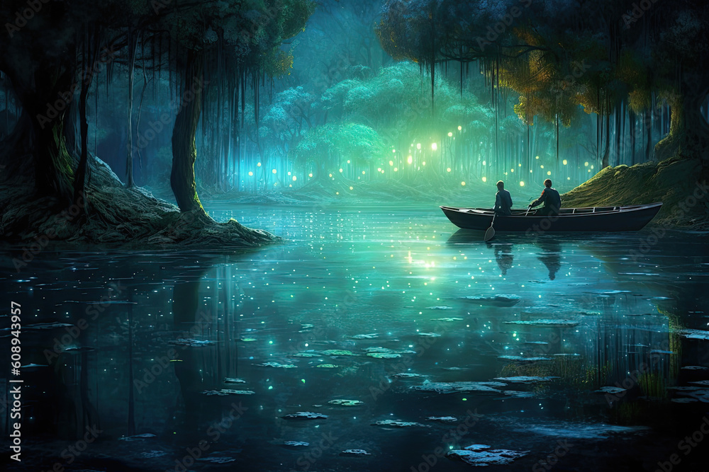 rowing through a mysterious fantasy swamp in a boat, adventure, glowing ...
