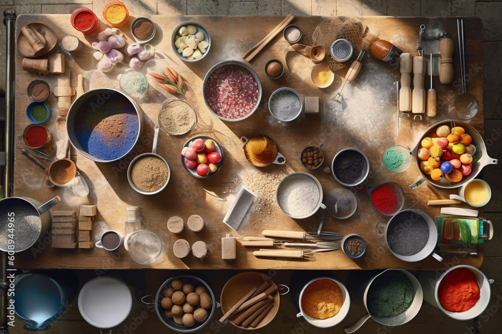 An overhead shot of a baker's workstation, with bowls of ingredients ...
