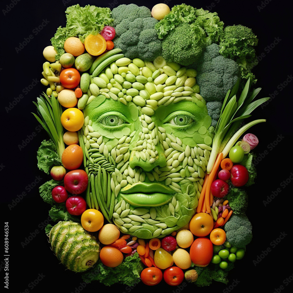 Silhouette of a person's head composed of fruits and vegetables ...