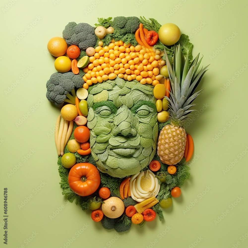 Silhouette of a person's head composed of fruits and vegetables ...