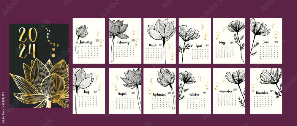 Floral doodle calendar template for 2024. Vertical design with lotus ...