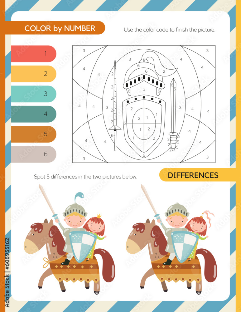 Activity page for kids – find differences, color by number. Game set ...