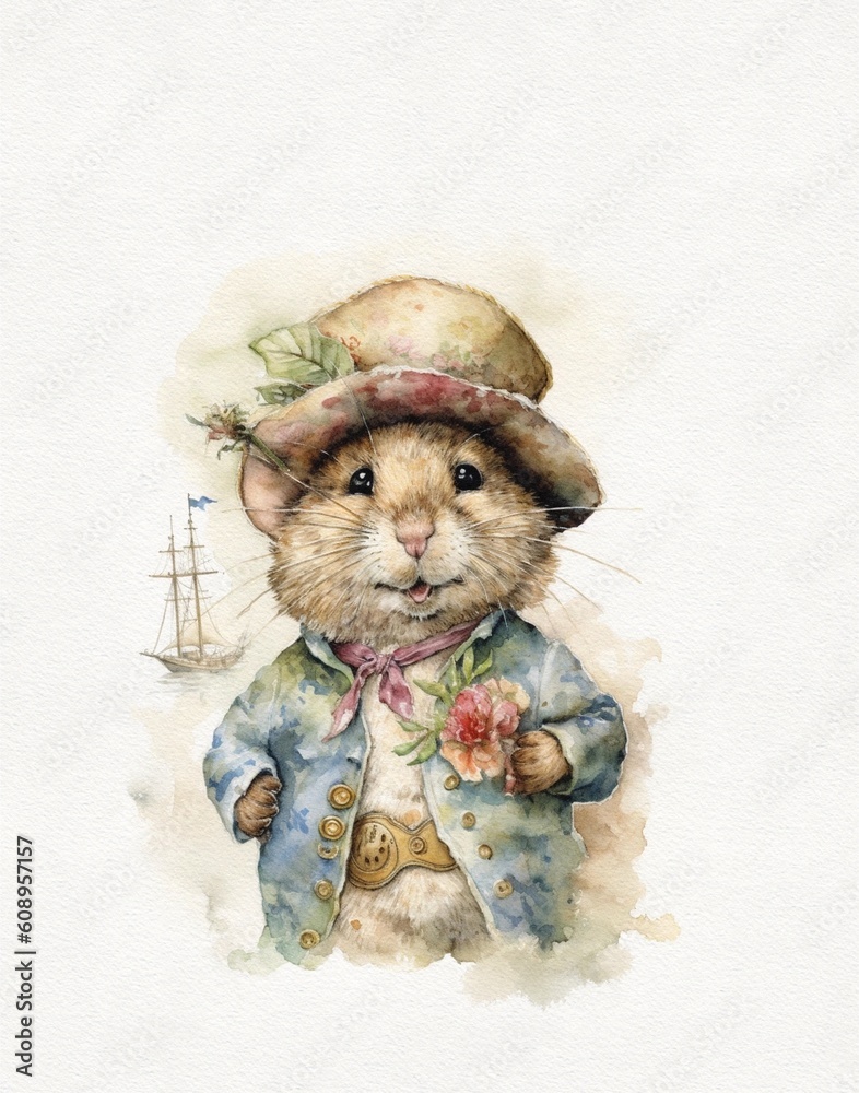 watercolor drawing of a mouse captain of a pirate ship, the adventure ...