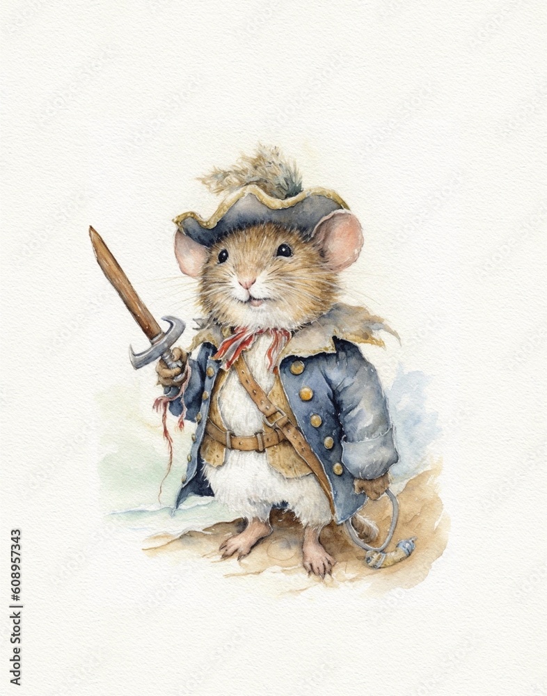 watercolor drawing of a mouse captain of a pirate ship, the adventure ...