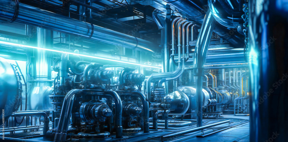 Illustration of an advanced industrial setup with pipes, blue lights ...