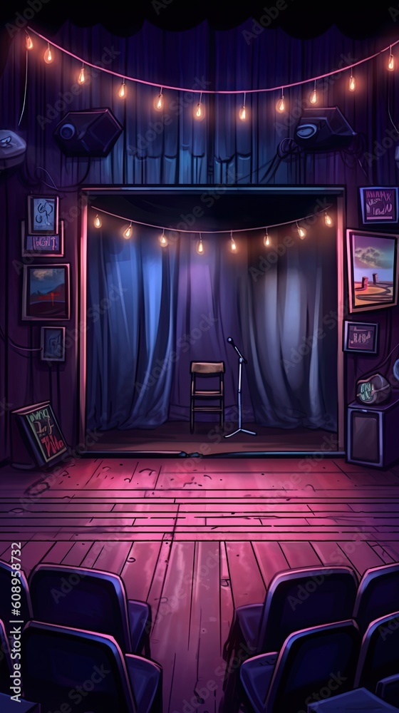 A digital painting of an empty Comedy Store stage. The lighting is ...