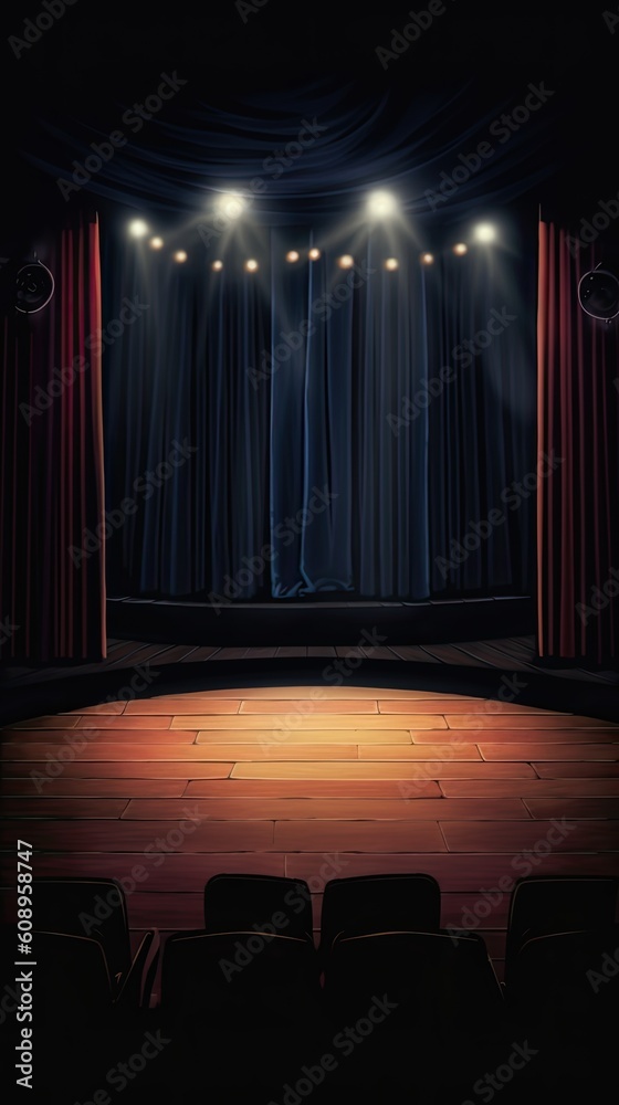 A digital painting of an empty Comedy Store stage. The lighting is ...