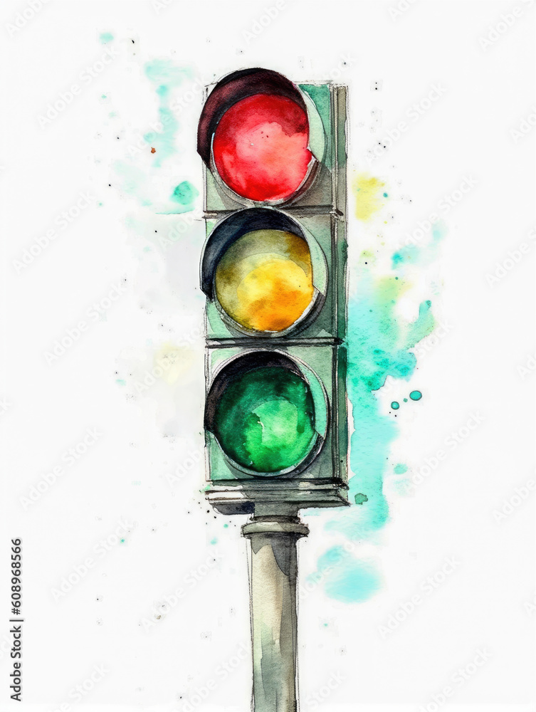Watercolor drawing of a traffic light red yellow and green light with ...