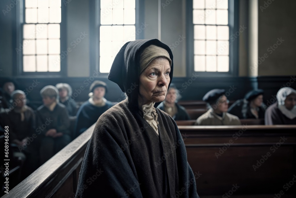 Old vintage trial courtroom of an old woman in England with people ...