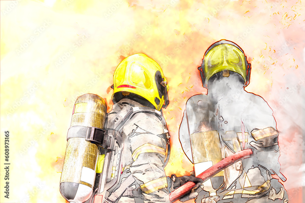 Digital painting and drawing of firefighters wearing fire fighter suit ...