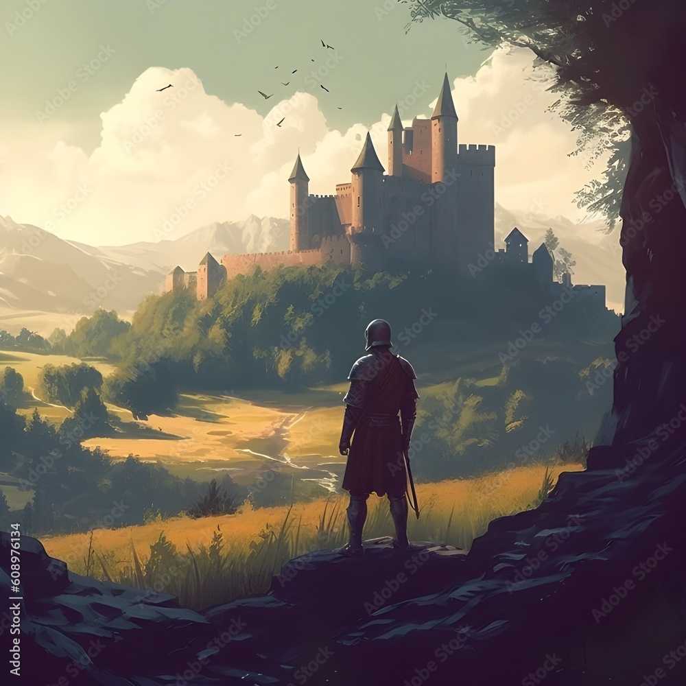 Medieval knight in a valley landscape and looking at a ruined castle ...