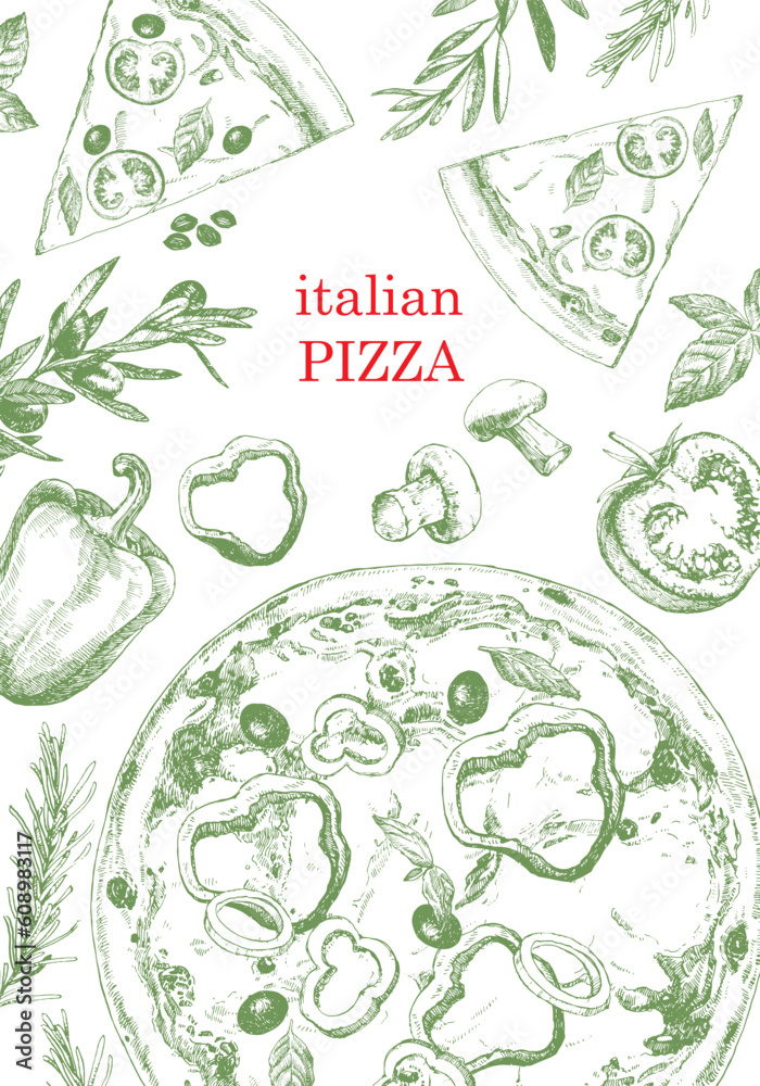 Traditional italian dishes. Hand-drawn illustration of Pizza. Italian ...