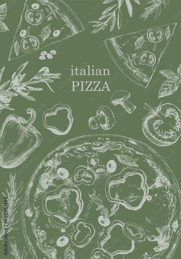 Traditional italian dishes. Hand-drawn illustration of Pizza. Italian ...