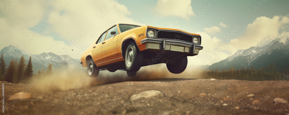 Seventies style car stunt or car jump. A normal sedan-type stock car ...