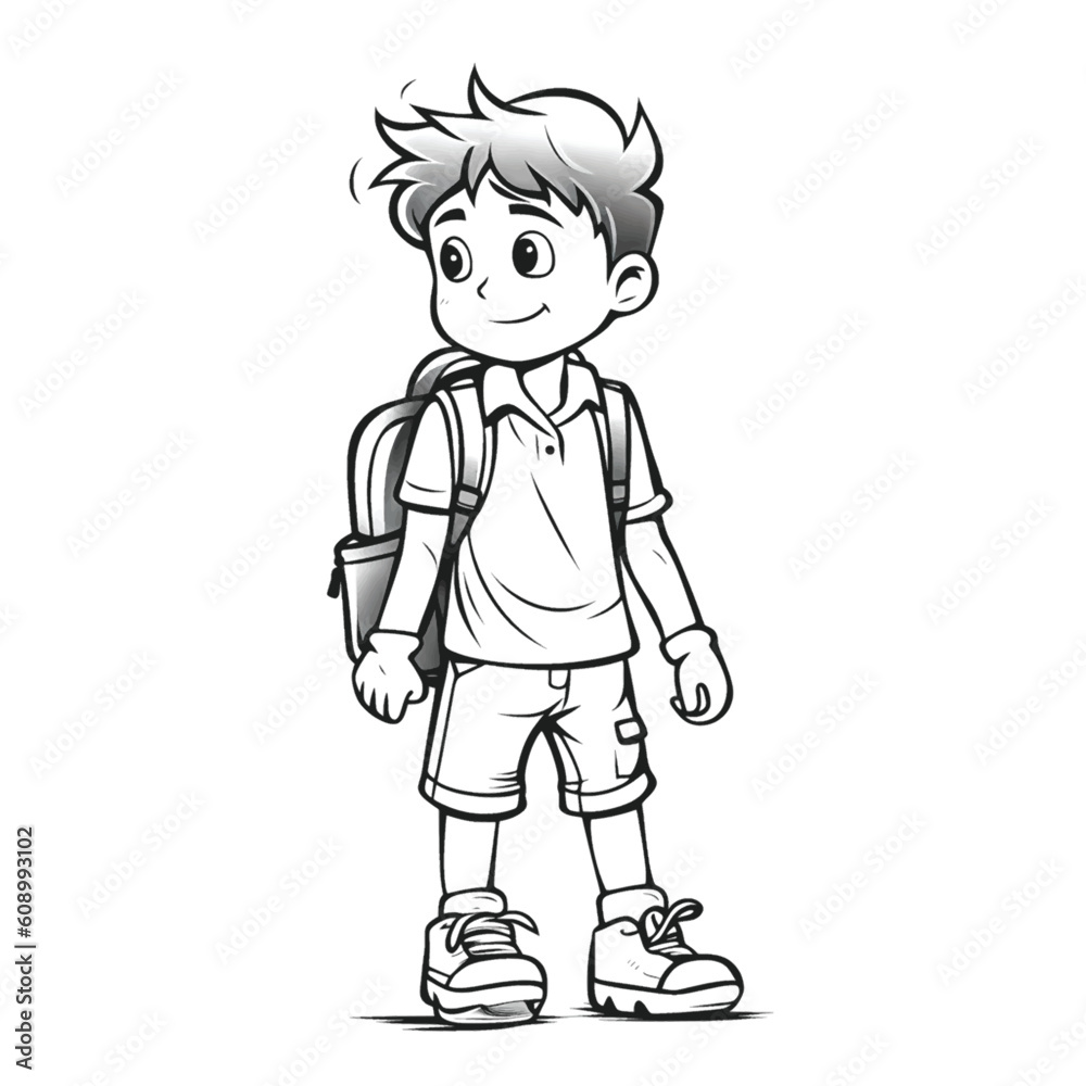 Handsome Outline Coloring Page: Full Body Shot of a School Boy for Kids ...
