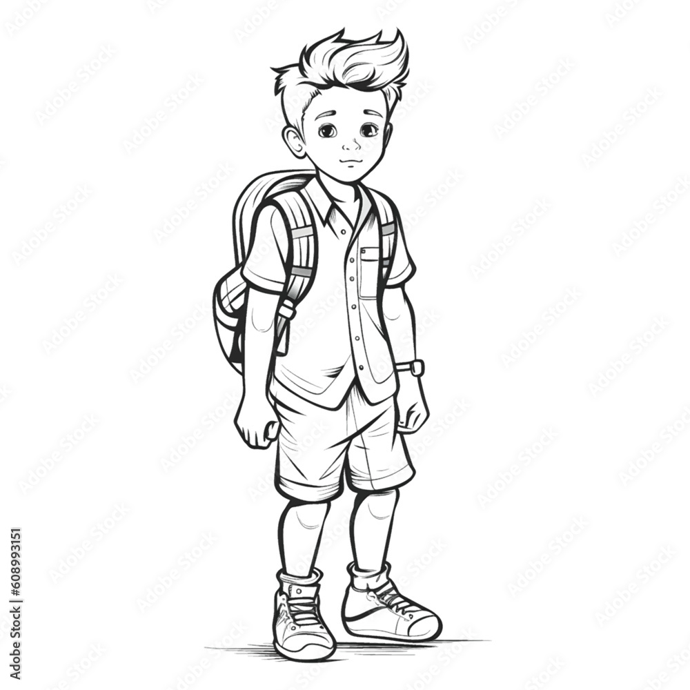 Handsome Outline Coloring Page: Full Body Shot of a School Boy for Kids ...