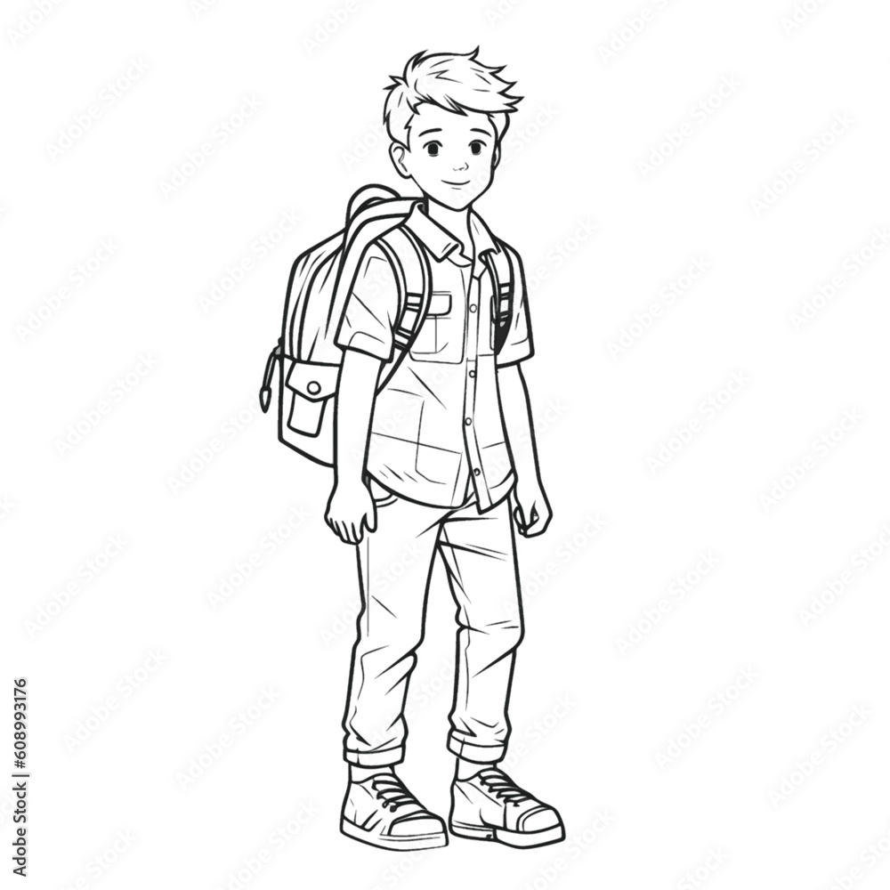 Handsome Outline Coloring Page: Full Body Shot of a School Boy for Kids ...