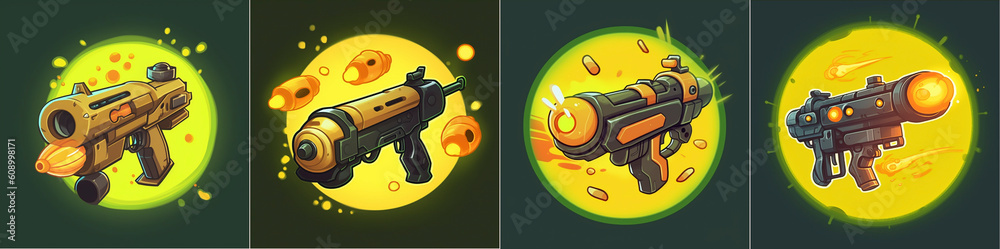 ภาพประกอบสต็อก Submachine gun skill 2D cartoon icon Yellow background ...