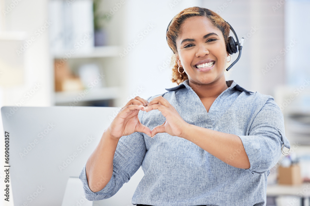 Callcenter agent, woman with smile and heart hands in portrait, love ...