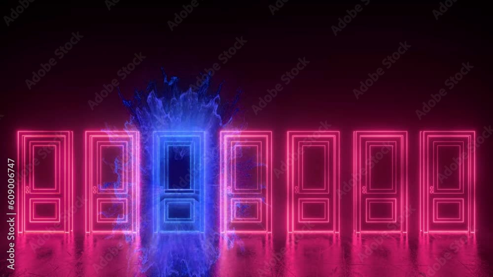 Seven abstract pink doors. The door flashes blue and opens. Flight ...