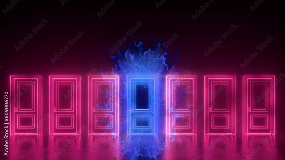Seven abstract pink doors. The door flashes blue and opens. Flight ...