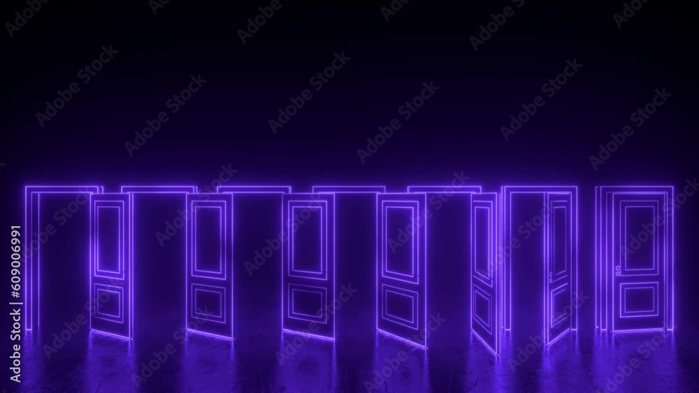 A row of purple neon closed doors with luminous lines take turns ...